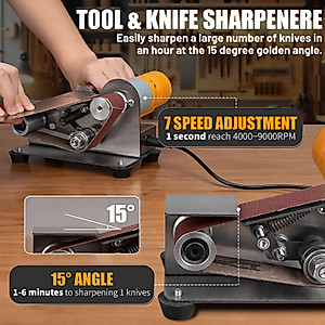 Junchamp Mini Belt Sander - 15 Degree Knife Sharpener Electric Bench Grinder Sanding Machine, 7 Adjustable Speed Buffer Polisher for Metal Working, Knife Making and DIY Woodworking