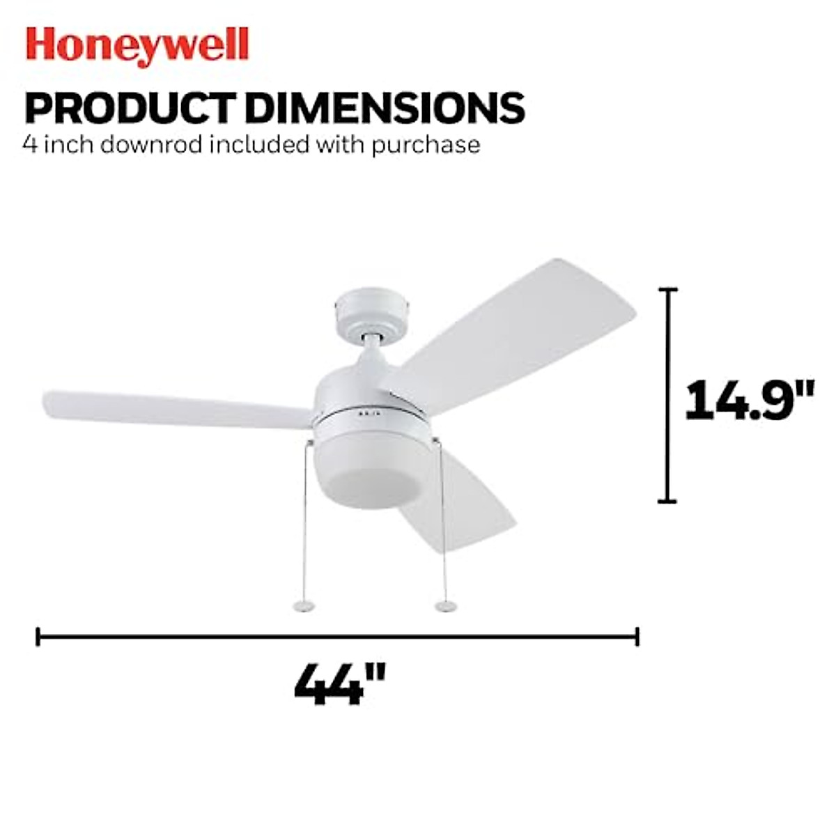 Honeywell Ceiling Fans Barcadero Modern 44 Inch Ceiling Fan with Light, Pull Chain LED Indoor Fan with 3 Blades, White Maple and White Blade Finish Options, Bright White (51475-01)
