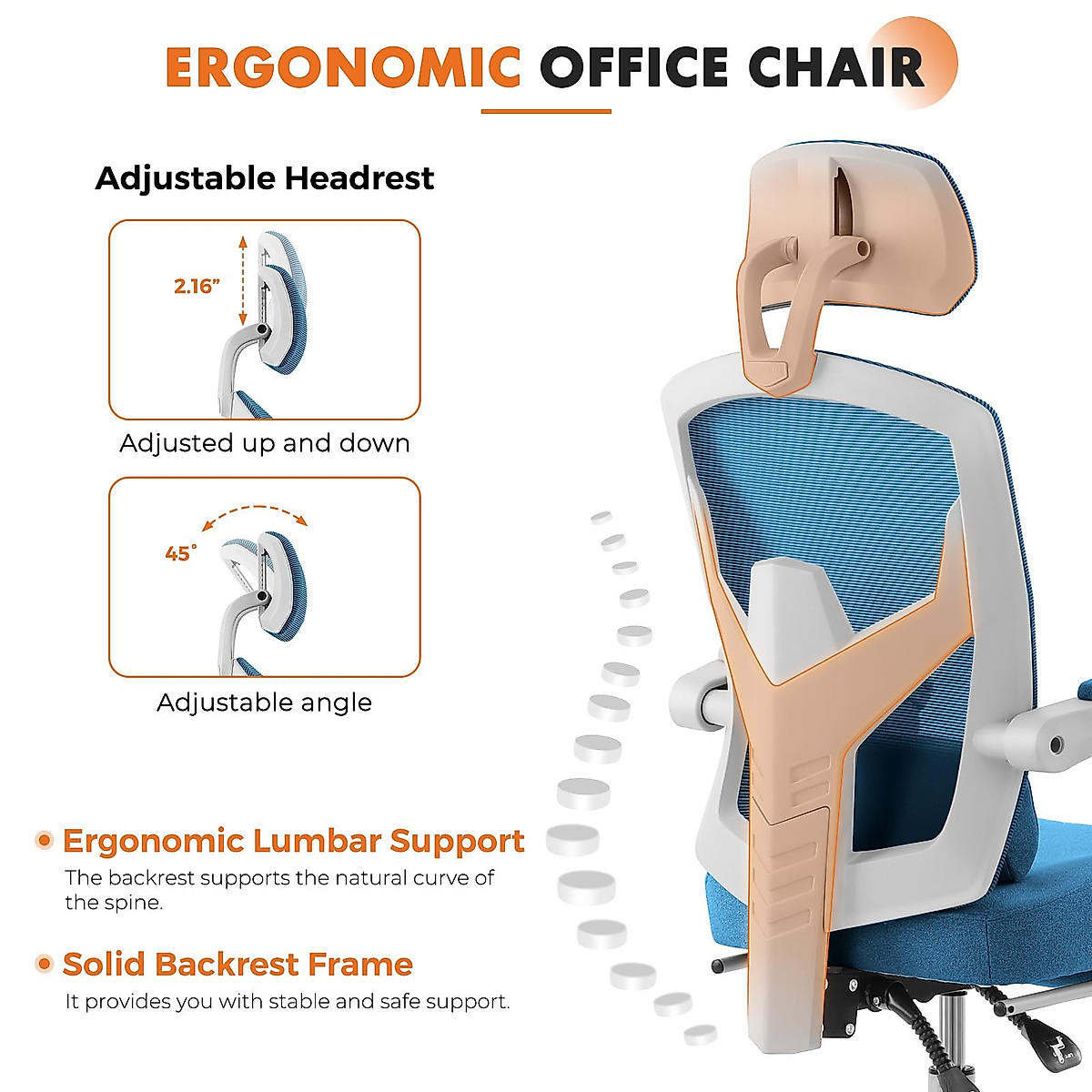 Sweetcrispy Office Computer Desk Chair, Ergonomic High-Back Mesh Rolling Work Swivel Chairs with Wheels, Comfortable Lumbar Support, Comfy Arms for Home, Bedroom, Study, Student, Blue