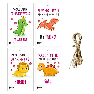 Valentine's Day Tags for Kids - 4 Styles 40 Pcs Dinosaur Valentine's Day Hanging Tag with String Cards - Valentine's Day Gift Labels, Gift Wrapping, Party Gift Box, Decoration Supplies(QRtag-04)
