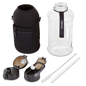 Half Gallon Water Bottle with Storage Sleeve and Straw Lid - BPA Free Large Gym Water Bottle with Pockets - Leak Proof - Reusable Black Water Jug with Strap, Handle for Daily Hydration (74 Ounce)