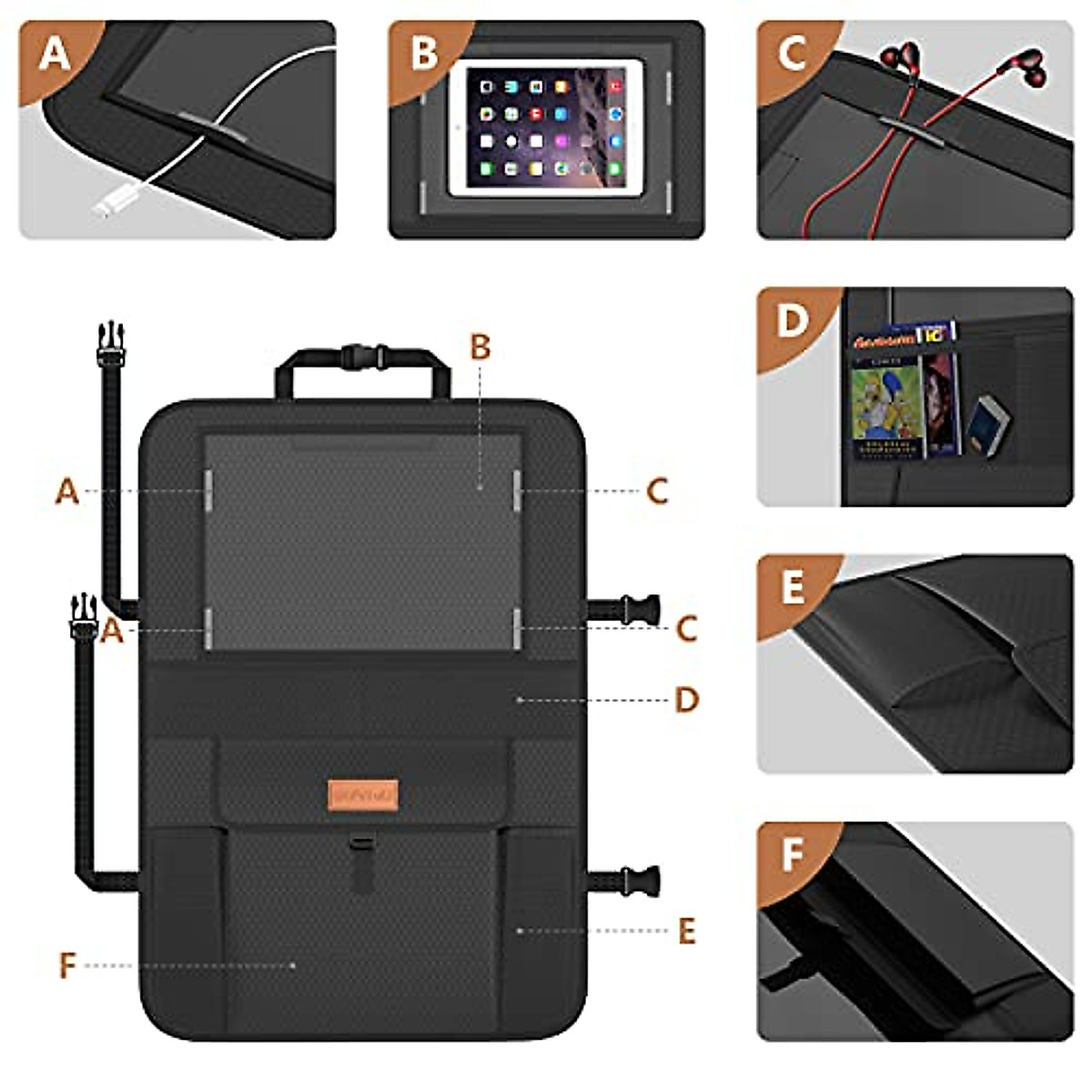 SMART ELF Car Seat Protector + Backseat Car Organizer Kick Mat, Large & Waterproof 600D Fabric Child Auto CarSeat Protectors Saver for Baby Sit with Storage Pockets for Leather and Fabric Car Seat