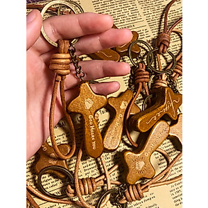 Udyzax Wood Cross Keychain with Leather Rope, Hope Keychain, Baptism Favors Catholic & Christian Gift for Men & Women