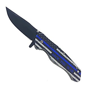 Falcon Back the Blue 8" Thin Blue Line Folding Pocket Knife 440 Stainless Coated Steel Blade and Handle for Collections & Gifts (KS1628BL)