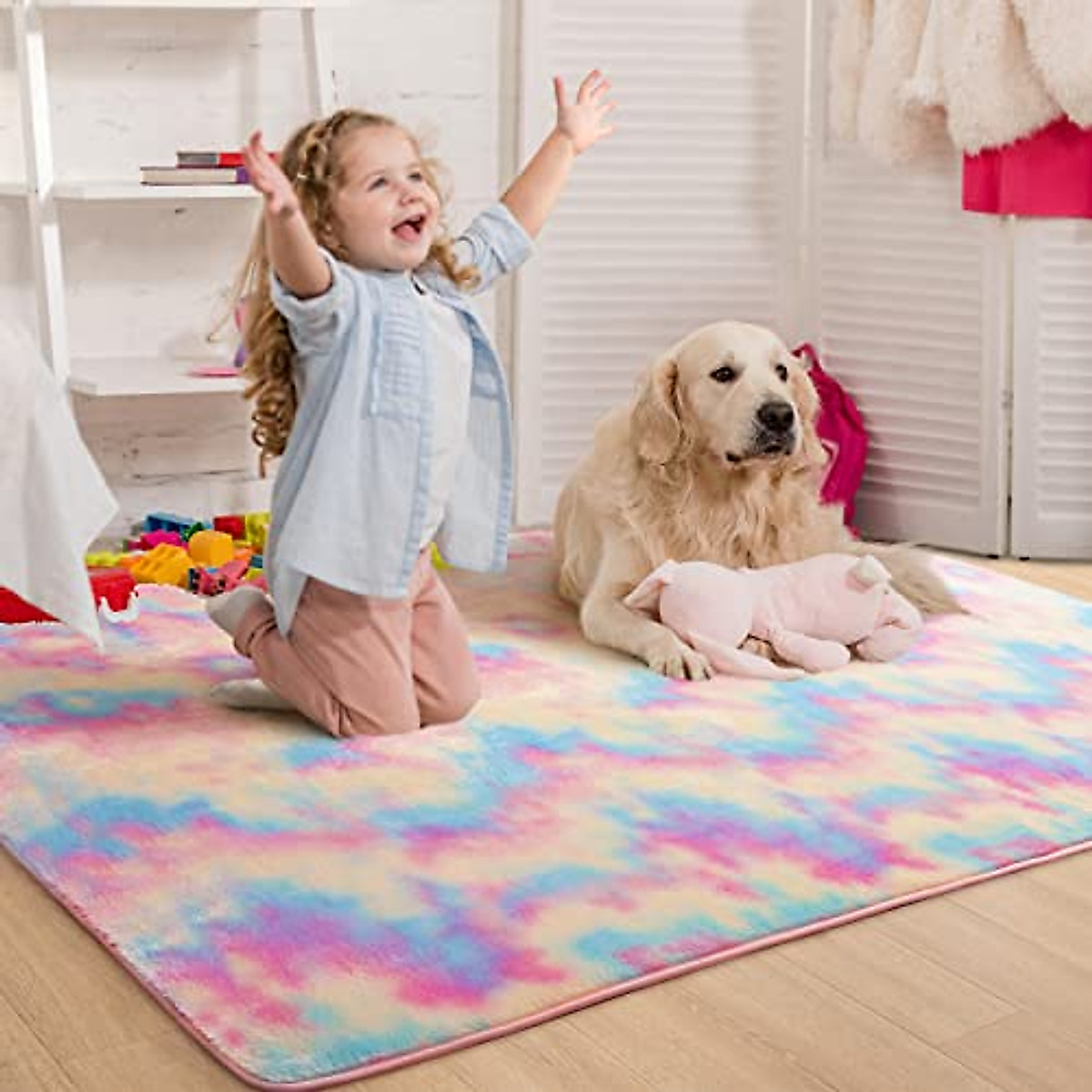 Rtizon Soft Rugs for Girls Bedroom, 5x8 Feet Shaggy Fluffy Rainbow Area Rug for Kids Playroom Living Room Dorm, Kawaii Tie-Dye Princess Rug for Kids Toddler