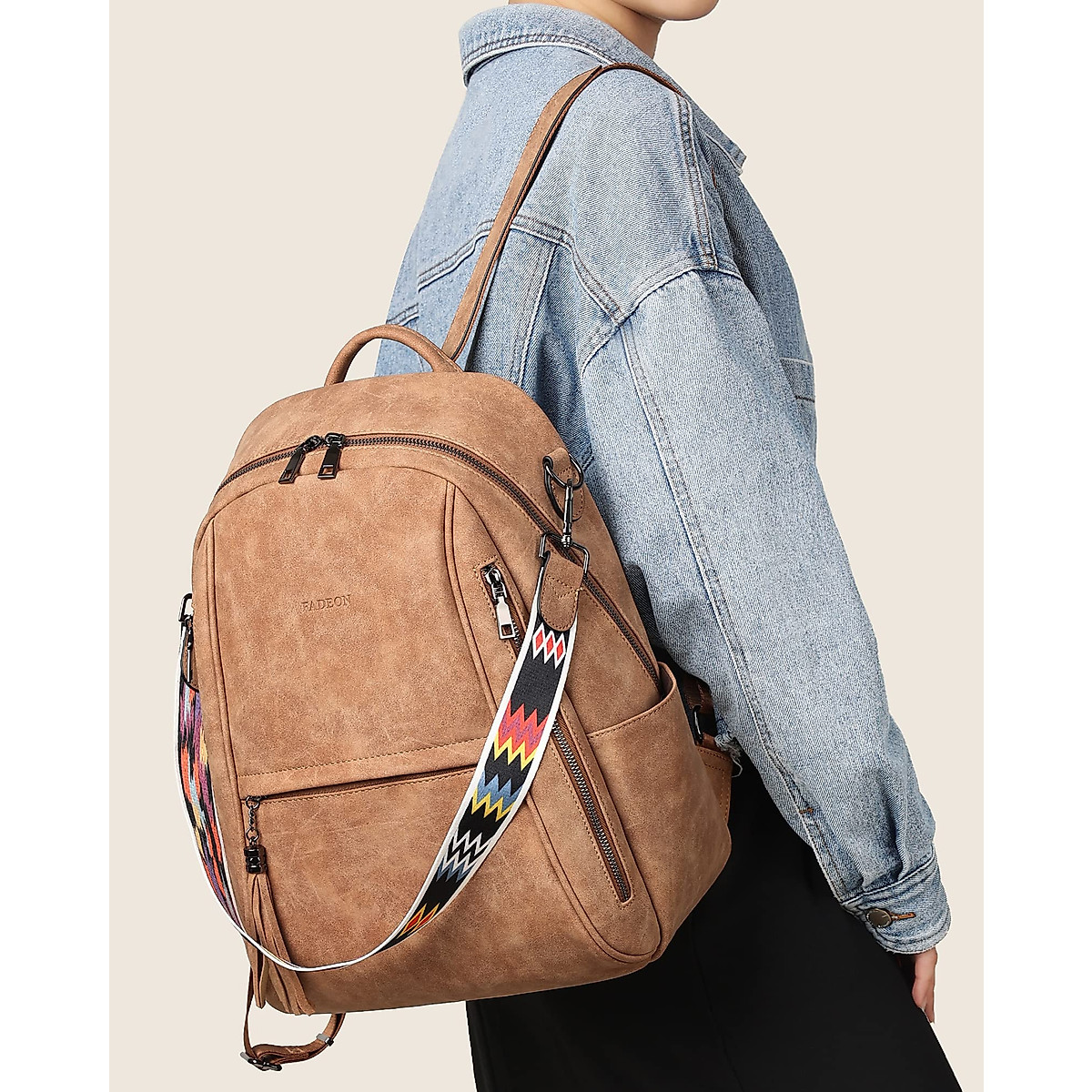 FADEON Leather Laptop Backpack Purse for Women Small Designer Laptop Bag,Multi-Pockets Travel Ladies Shoulder Bag Brown