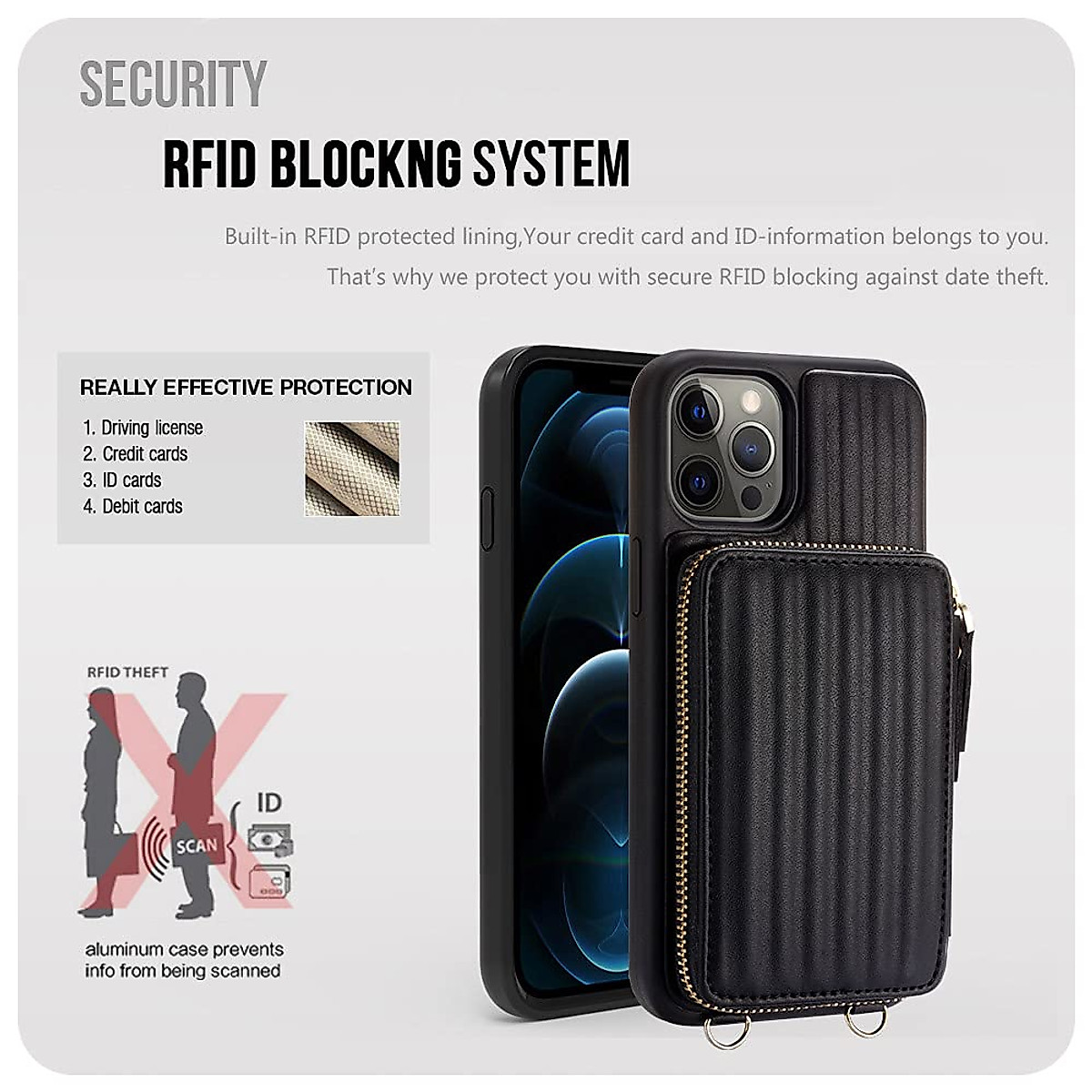 JLFCH for iPhone 12 Pro Max Wallet Case with Crossbody Chain Wrist Strap Card Holder Zipper Purse Compatible with Apple iPhone 12 Pro Max 6.7 inch - Black