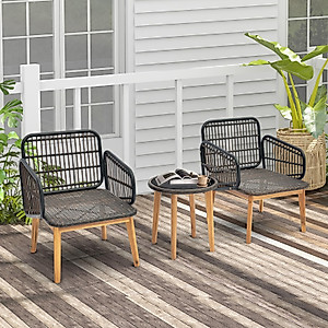 HAPPYGRILL 3 Pieces Acacia Wood Patio Bistro Set, Wicker Outdoor Furniture Set with Cushioned Chairs and Tempered Glass Side Table, PE Rattan Wicker Chair with Table for Porch, Balcony, Deck
