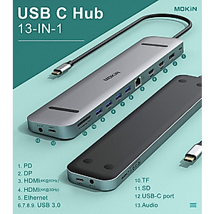 Docking Station USB C, 13-in-1 USB C Hub Multiport Adapter USB C Dongle with 4K Dual HDMI+DP Display+Ethernet+4 USB,+SD/TF+USB C PD+Data Port+Audio/Mic for Dell XPS 13/15/Surface Pro 7 Go