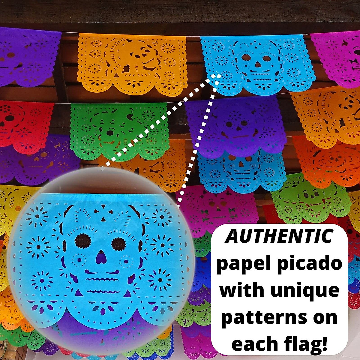 Papel Picado Banner Dia de Los Muertos, Day of The Dead Tissue Paper Garlands, Mexican Party Decorations 5 Pack|83feet|Large Fancy Cut Out Design