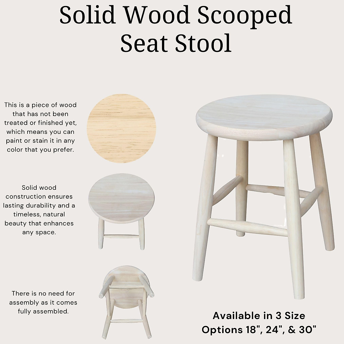 International Concepts 1S-818 18-Inch Scooped Seat Stool, Unfinished