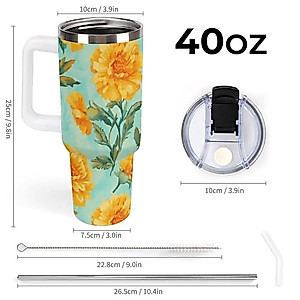 Yellow Flowers Marigolds Insulated Tumblers with Handle Stainless Steel Coffee Mug Funny Travel Cup with Lid Straw 40oz