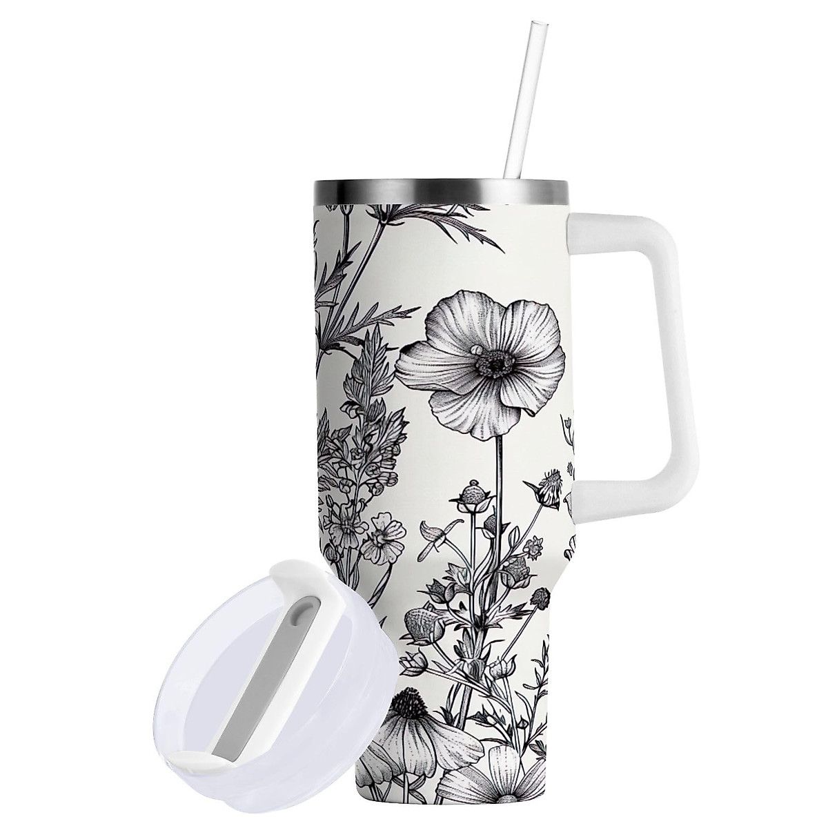 KEEPREAL 40 oz Black and White Flowers Tumbler with Handle, Insulated Sports Water Bottle with Lid and Straw, Thermal Stainless Steel Travel Coffee Mug Cup #230