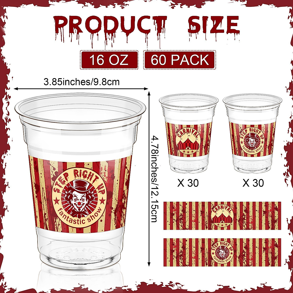 TURSTIN 60 Pieces Halloween Horror Circus Party Cups 16 oz Disposable Plastic Cups Creepy Carnival Party Decorations Horror Clown Cups for Circus Themed Party Halloween Party Supplies