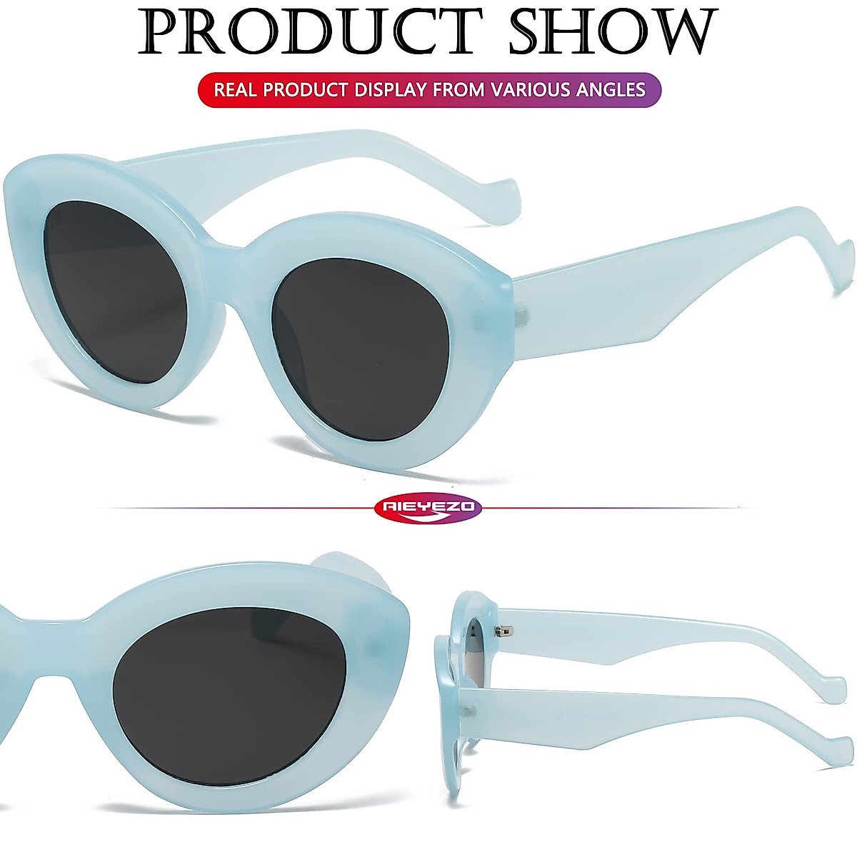 AIEYEZO Oversized Cat Eye Sunglasses for Women Cute Oval Thick Frame Cateye Sun Glasses Chic Retro Style Shades (Blue)