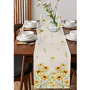 Spring Floral Table Runner 72 Inches Long Farmhouse Dress Scarves, Yellow Daisy Summer Botanical Rustic Linen Texture Dining Tablerunner for Coffee Table/Party/Kitchen Island Décor, 13" x 72"