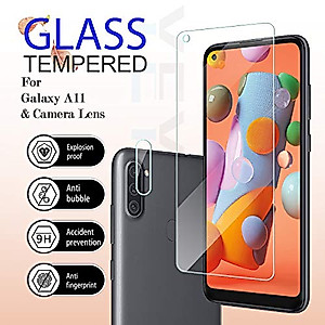 YEYEBF Galaxy A11 HD Clear Tempered Glass Screen Protector + Camera Lens Protectors, [2+2 Pack] [3D Glass] [Anti-Glare] [Bubble-Free] Screen Protector Glass For Samsung Galaxy A11