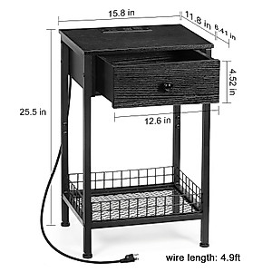 MOOACE Nightstand with Charging Station, Tall End Table with Drawer and Mesh Basket Storage Rustic Bedside Table for Bedroom,Living Room,Small Spaces - Black