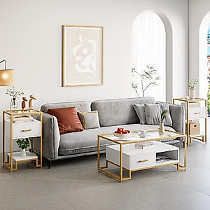 Nightstand Set of 2, End Table with Storage Drawer and 3-Tier Storage & Tempered Glass Top, Bedside Furniture with Steel Frame, Side Table for Bedroom, Dorm, Easy Assembly, White and Gold