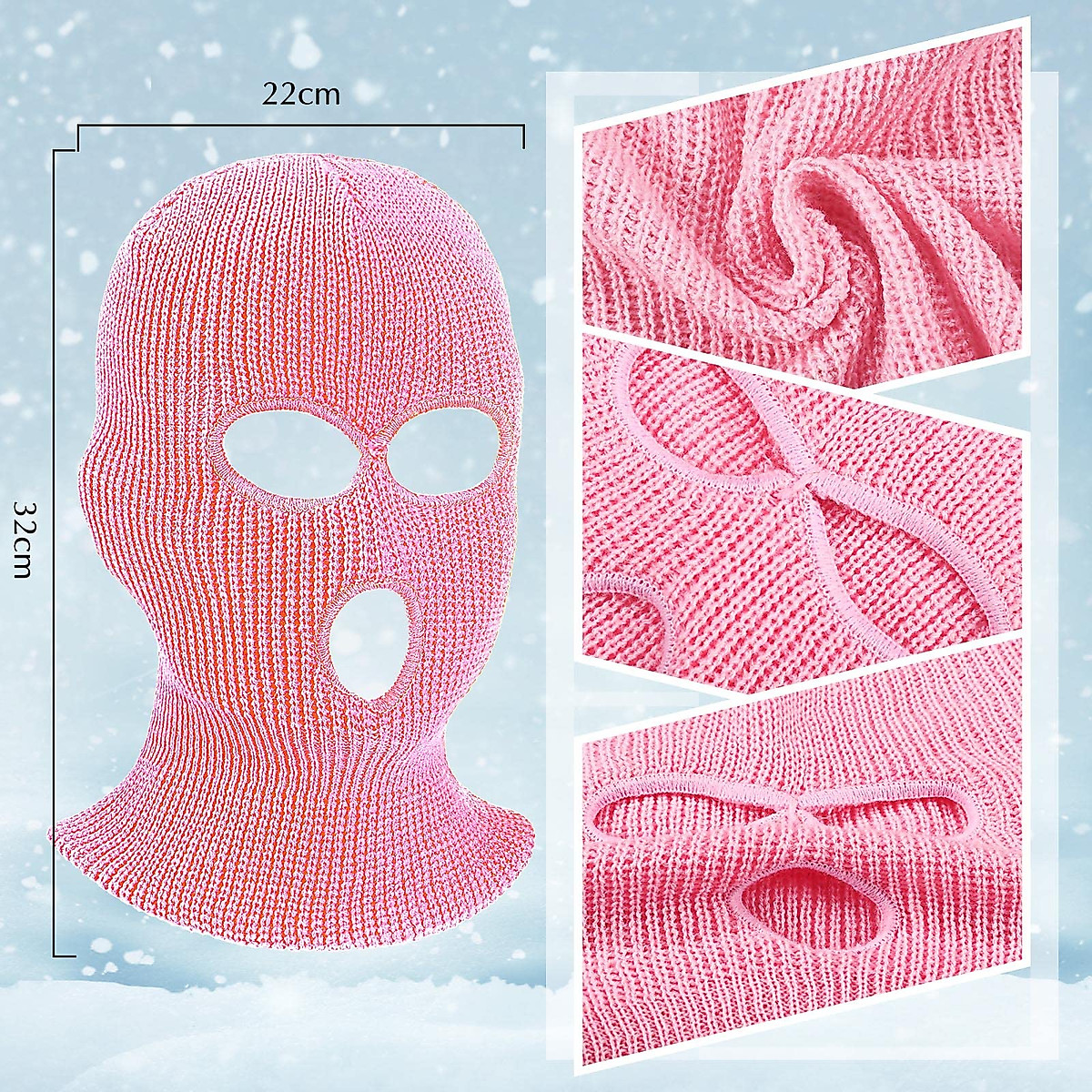3 Pieces 3 Hole Ski Mask Balaclava Ski Mask Winter Knitted Neck Mask Face Cover for Halloween Men Outdoor Sports(Pink)