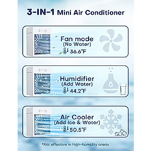 Mini Portable Air Conditioners, 3 IN 1 Evaporative Air Cooler, 2000mAh Battery Powered & USB Rechargeable, 3 Speeds Humidify Air Cooler, Small Air Conditioner Portable for Room Car Office Camping