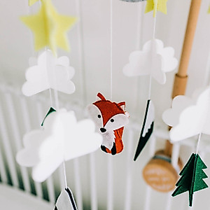 Sorrel + Fern Baby Crib Mobile (Woodland Fox) - Nursery Decoration - Ceiling Mobile and Crib Mobile - Hypoallergenic Eco-Felt, Unfinished Wood, Adjustable, Green, Grey, Yellow, Red/Brown