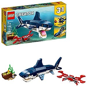 LEGO Creator 3 in 1 Deep Sea Creatures, Transforms from Shark and Crab to Squid to Angler Fish, Sea Animal Toys, Gifts for 7 Plus Year Old Girls and Boys, 31088