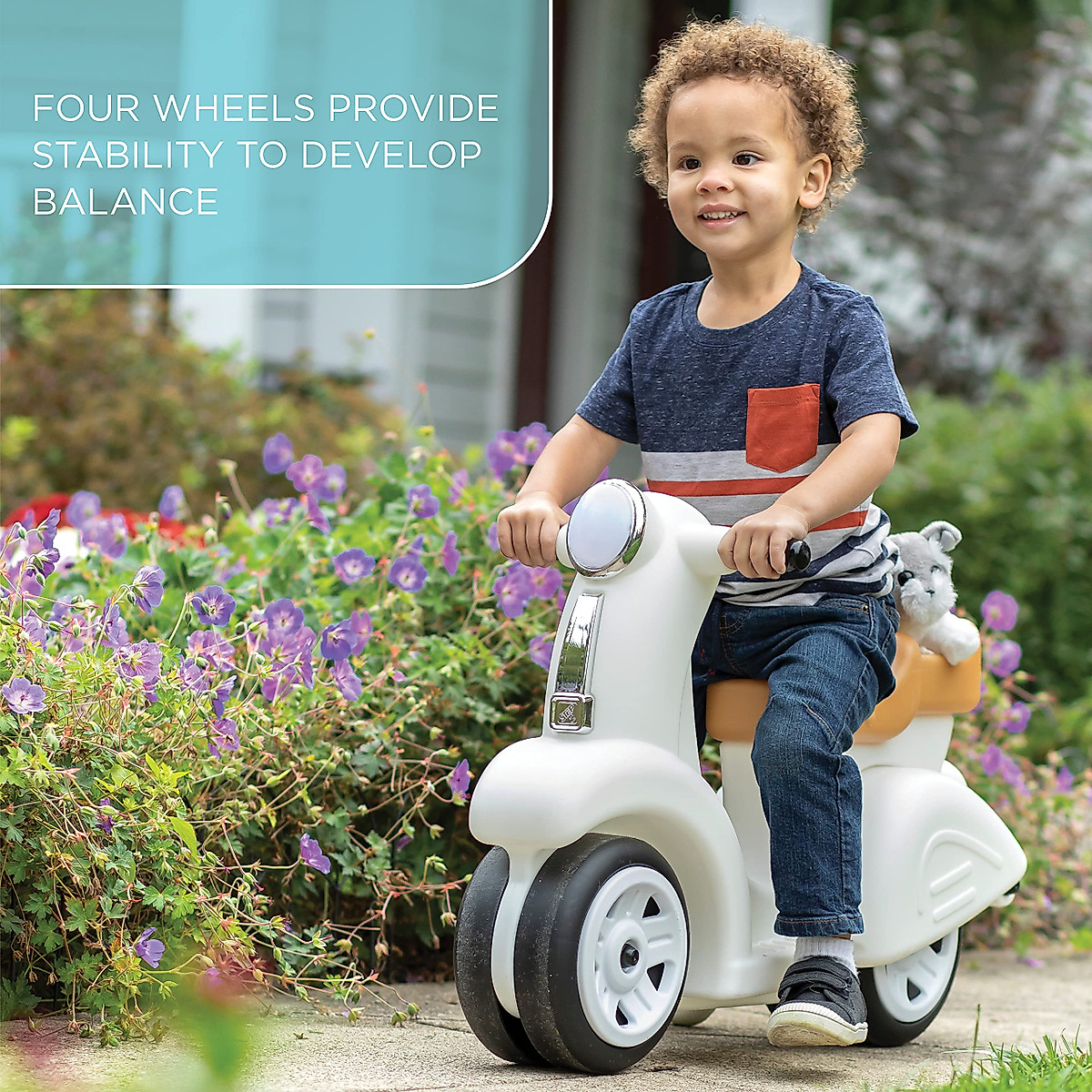 Step2 Ride Along Scooter for Kids, Foot-to-Floor Ride On Toy, Stylish Adventure on Four Wheels, Toddler Ages 1.5 - 4 Years Old, White