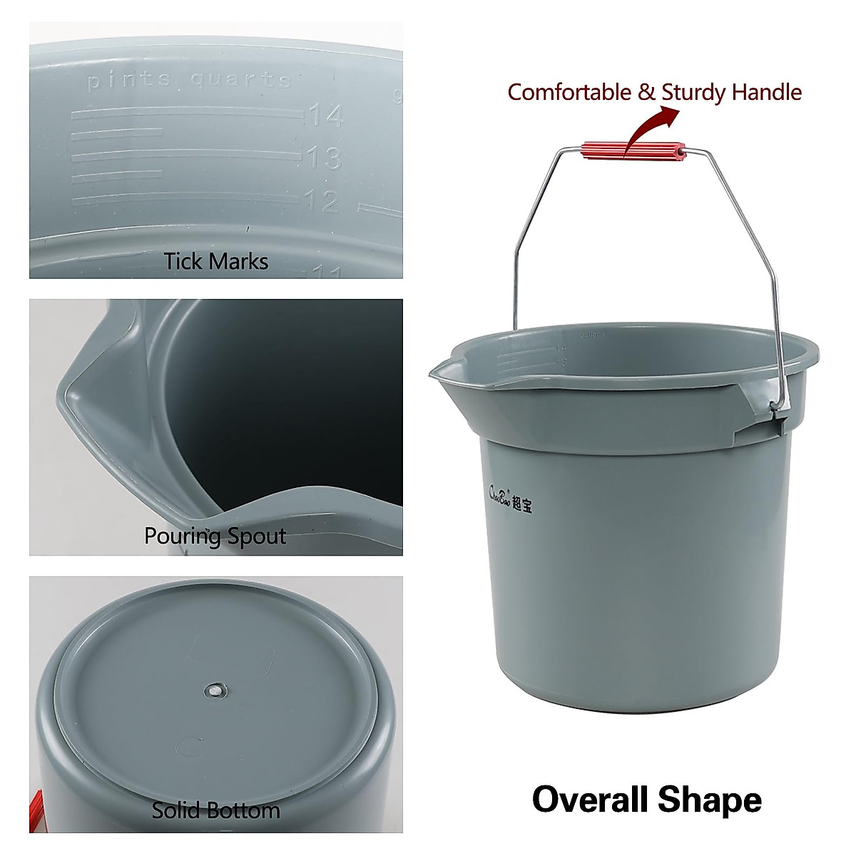 Jekiyo 4 Pack 14 Quart Commercial Cleaning Bucket with Handle, Gray, Plastic Round Utility Pail