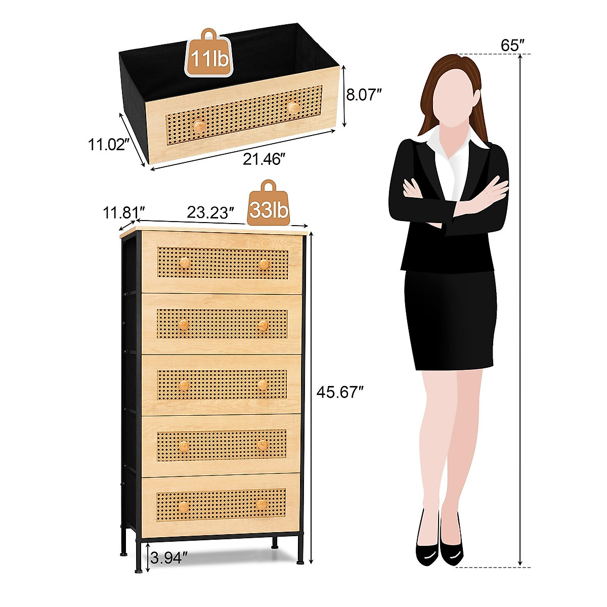 Crestlive Products Rattan Dresser Storage Tower, Tall Fabric Dresser, Chests of Drawers, Wood Top &Wood Handles - Organizer Unit for Bedroom, Hallway, Entryway, Closets - 5 Drawers (Natural)