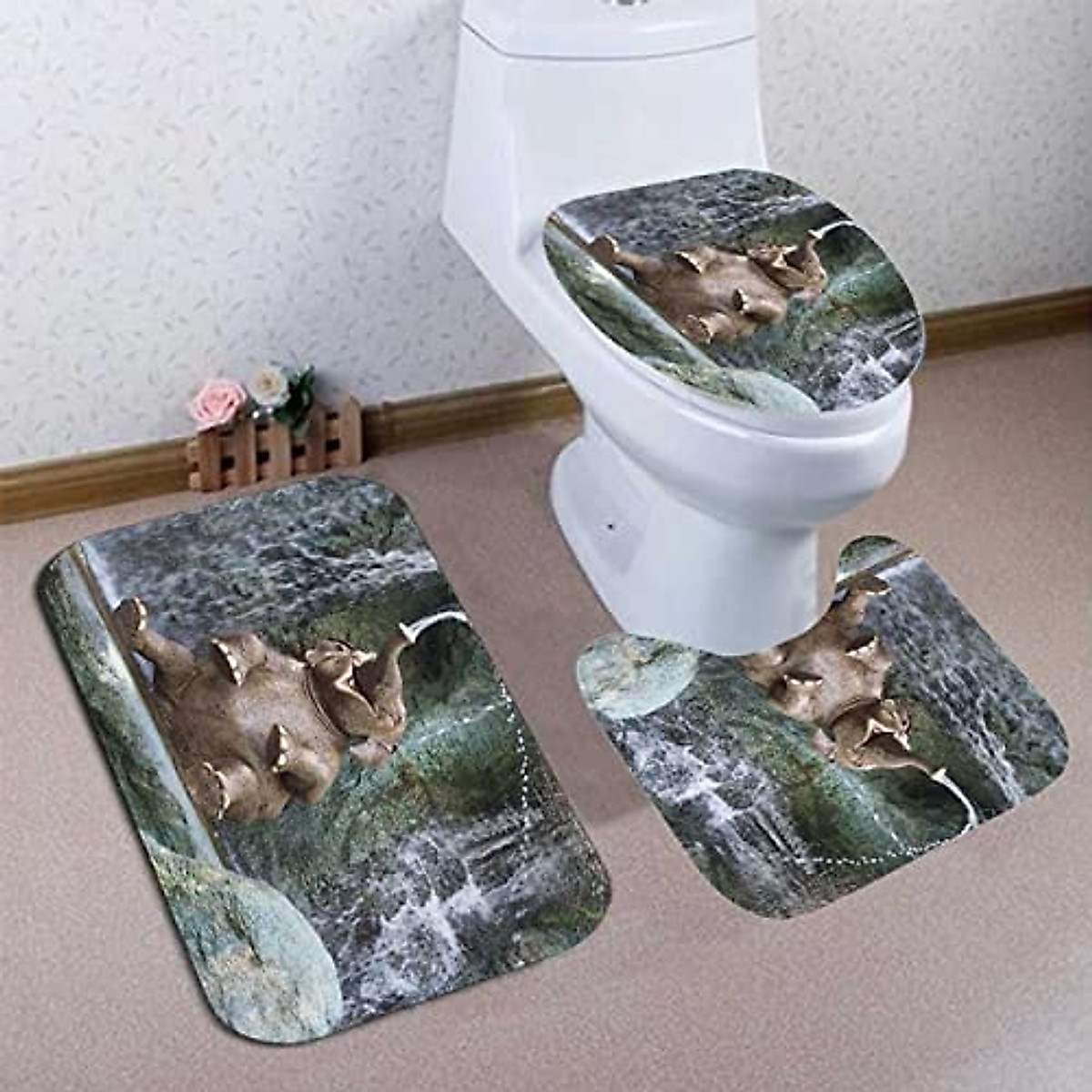 Elephant 4-Piece Set Shower Curtains Waterproof, Animal 3D Shower Curtain Set, with Non-Slip Rug, Toilet Lid Cover and Bath Mat, for Bathroom Decoration with 12 Hooks-65'' X 72''