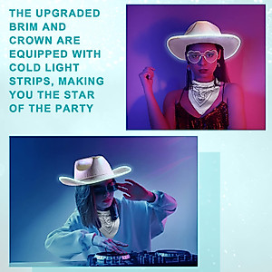 12 Pack Cowboy Hat with Bandanna Heart Sunglasses LED Cowboy Hat Bulk Flashing Cowboy Hat for Adult Party Costume(White)
