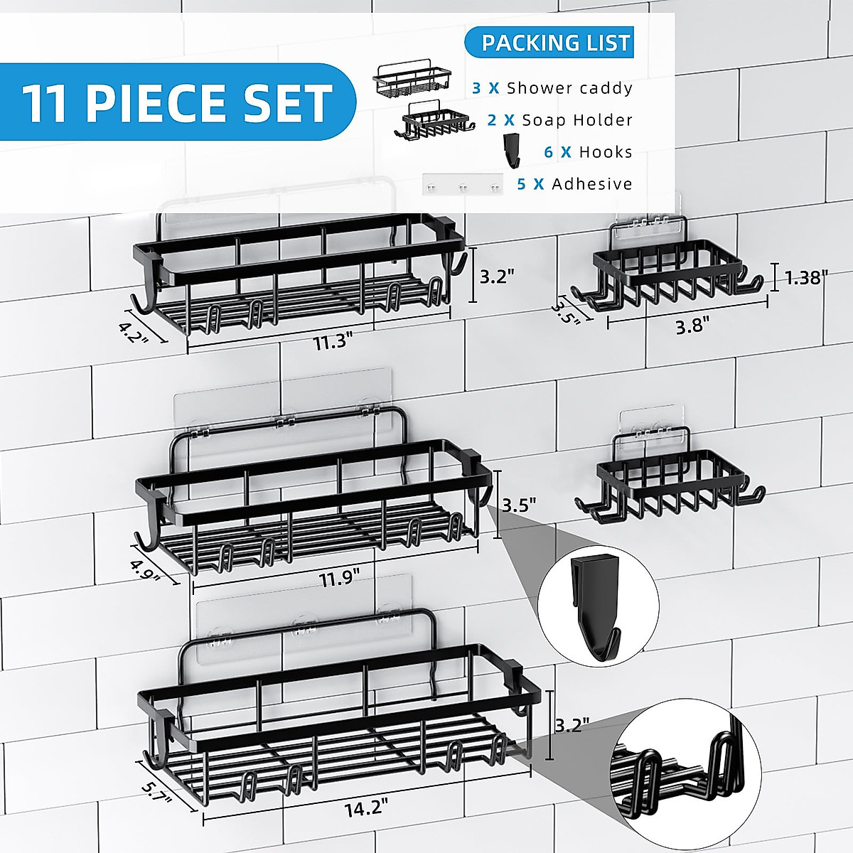 PLEDDANIO Adhesive Shower Caddy - 5 Pack Shower Shelf for Inside Shower, No Drilling Shower Rack with Hooks, Large Capacity Bathroom Accessories Organizer, No Drilling Wall Mounted Rack