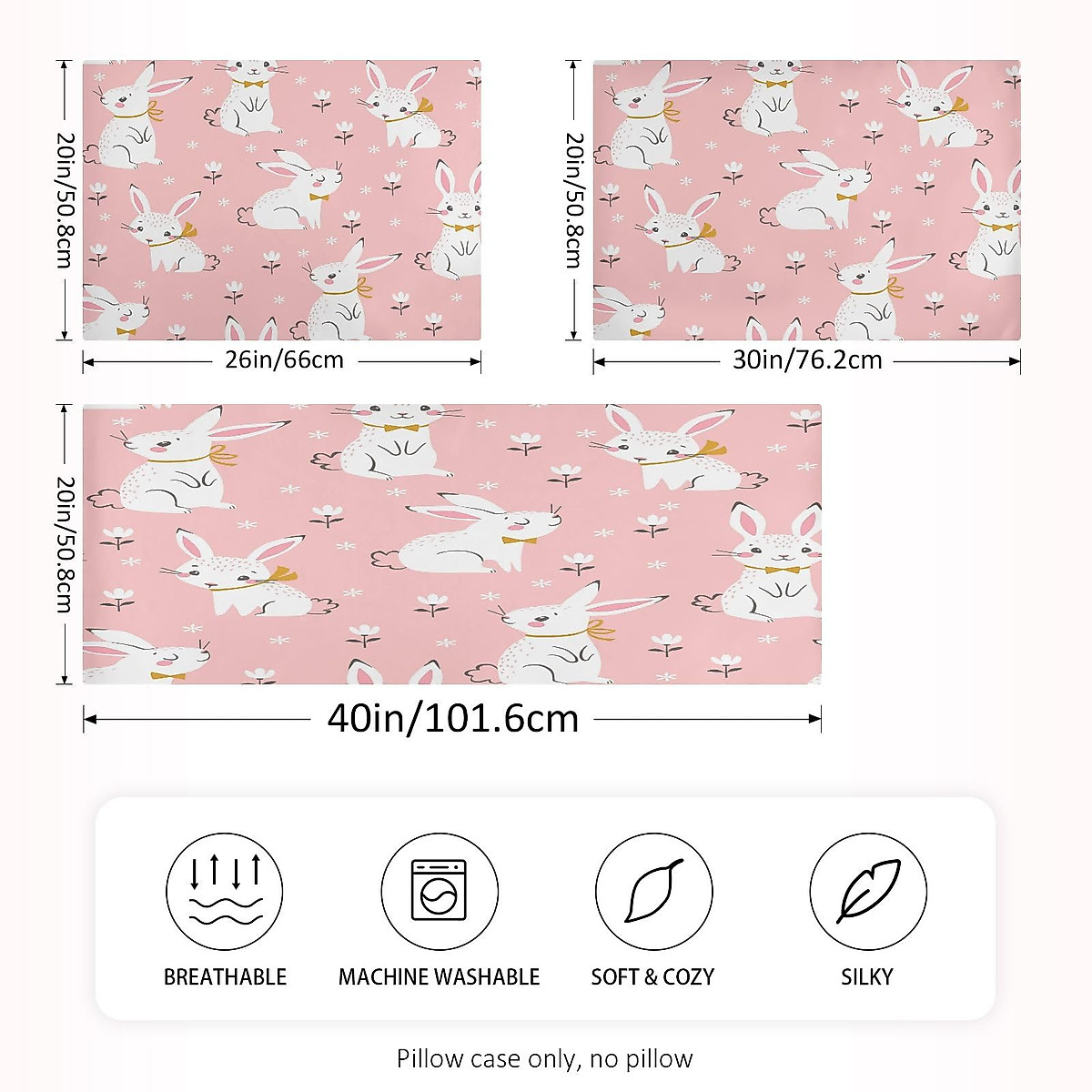 Cute Floral Bunny Satin Pillowcase Silk Pillow Cases for Hair and Skin Slipping Body Pillow Cover with Envelope Closur Standard Size 20x26 Pillowcase Decor for Kids Girls Boys Women