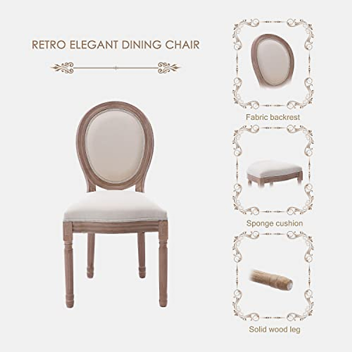 Kiztir French Country Dining Chairs Set of 6, Farmhouse Dining Chairs with Round Backrest, Mid Century Upholstered Dining Chairs with Solid Wood Leg for Dining Room Bedroom Kitchen Restaurant (Beige)