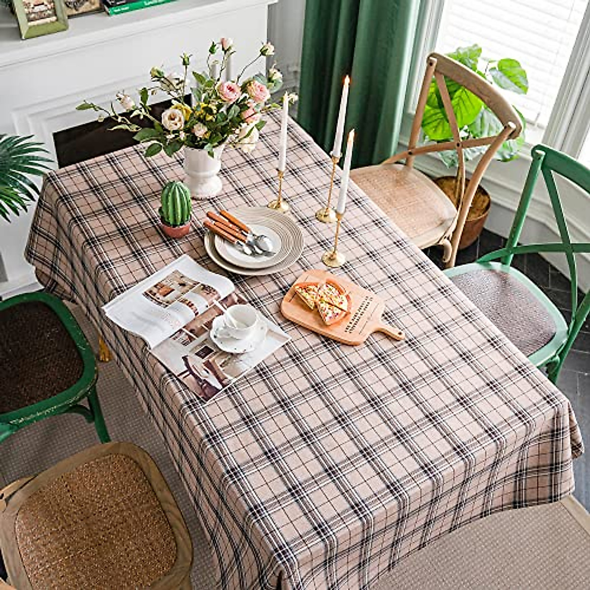 Neelvin Rustic Rectangle Plaid Thick Tablecloth Cotton Linen Table Linens Tablecloths Waterproof Wrinkle Free Table Cover for Kitchen Dinning,55"x87",6-8 Seats