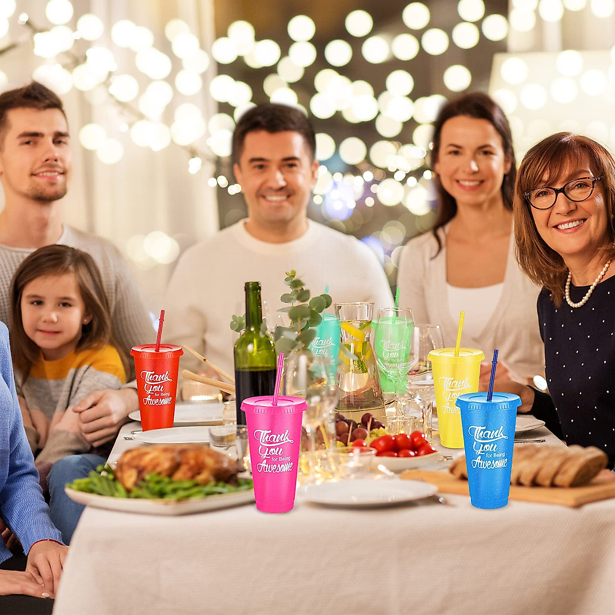 Sieral Tumbler with Straw and Lid Thank You Cups 24 oz Reusable Plastic Cups Iced Coffee Water Bottle Bulk Cold Drink Travel Mug Cup Plastic Cups for Employees Party Birthday(Bright Color, 24 Pcs)