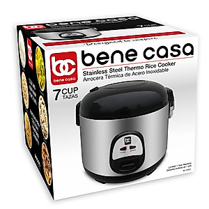 Bene Casa 7 cup stainless-steel thermo rice cooker, stainless steel and black design, cool touch rice cooker, simple operation, dishwasher safe.