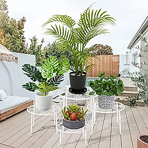 Brightdeco 4 Pack Metal Plant Stands Outdoor Indoor for Patio Round Potted Holder for Large Plants Multiple Flower Planter, White