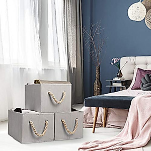 Robuy Storage Bin,Cloth Storage Boxes,3-Pack Collapsible Fabric Rectangular Closet Storage Baskets whith Cotton Rope Beige 14.4x10x 8.3 inch