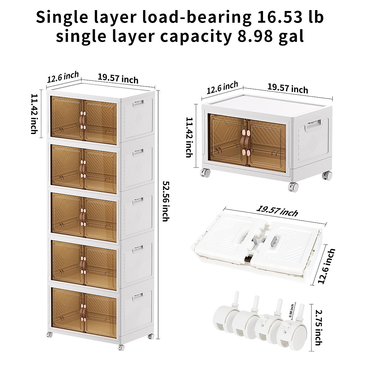 Carrie Joe Storage Boxes with Lids, 56Gal Plastic Storage Box with Lid, Really Useful Box, Stackable Organiser Storage, Stackable Storage Boxes, Foldable Storage Boxes with Door (5 Pack)