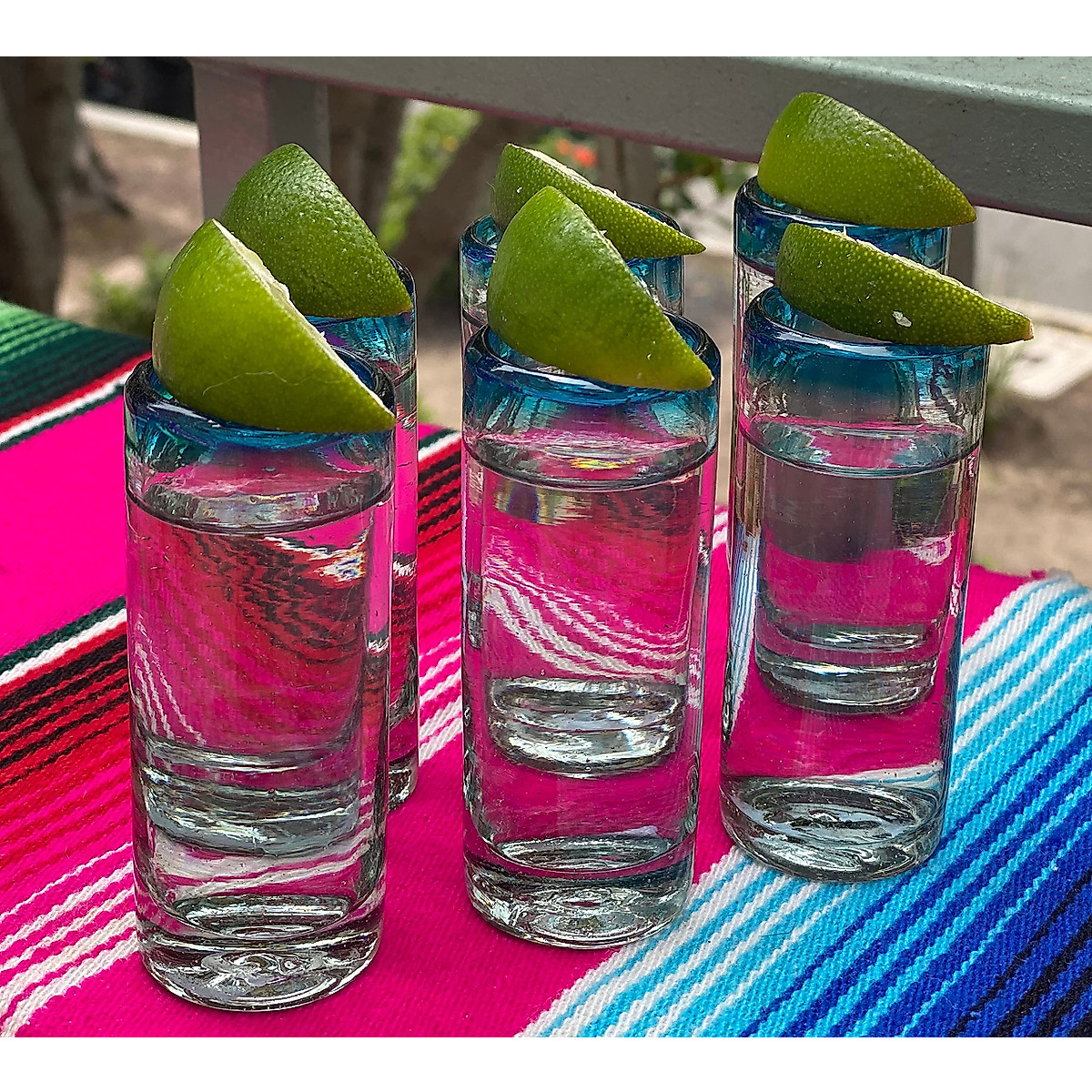 Dos Sueños Hand Blown Mexican Tequila Shot Glasses – Set of 6 Aqua Rim Tequila Shot Glasses (2 oz each) …