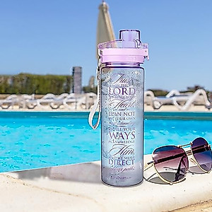 Christian Art Gifts Reusable Plastic Sports Water Bottle Wide Mouth BPA-Free w/Locking Flip-Top Lid and Carry Strap in Purple 28 oz. with Inspirational Bible Verse - Trust the Lord -Proverbs 3:5-6