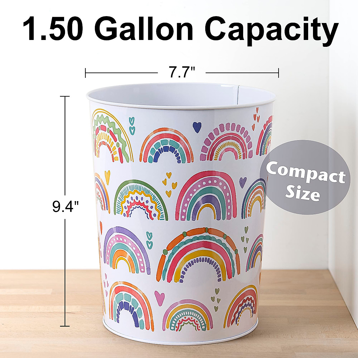 Allure Home Creation Rainbow Hearts Metal Wastebasket-Compact Size 7.70" x 7.70" x 9.40"-1.50 Gallons