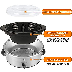 Ateken Supper Mini Slow Cooker 2x0.5 Quart Oval Double-Flavor Black Ceramic Pot Stainless Steel Silver Suit for Dipping Sauce