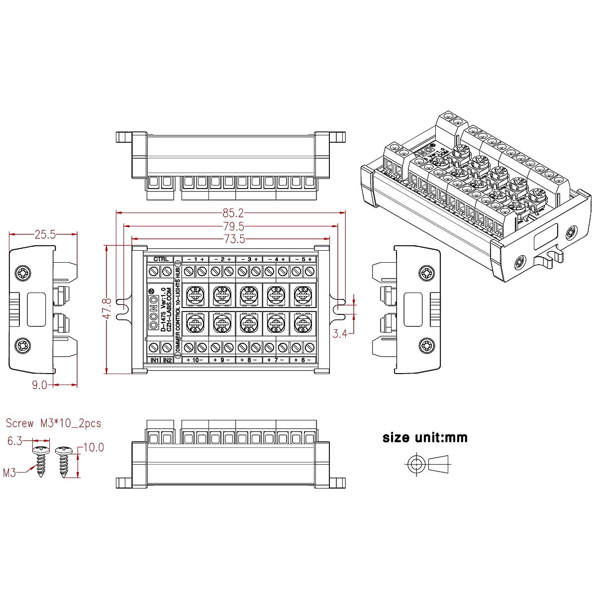 Dimmer Control 10-Lights LED Hub Distribution Module, AC/DC 5 to 24V Input, for HO/N/O Train Model