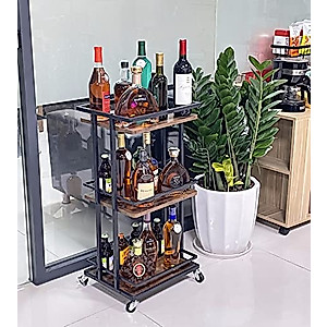 OKZEST 3 Tier Bar Cart for Home, Rolling Mini Liquor Bar for Wine Beverage Dinner Party, Utility Kitchen Storage Island Serving Cart on Wheels, Coffee Bar Cabinet for Kitchen Dining Living Room, Brown