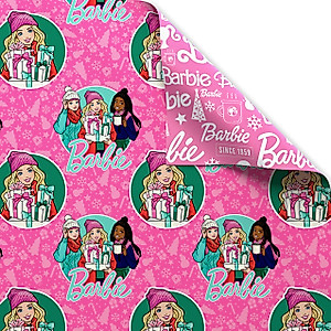 American Greetings Reversible Christmas Wrapping Paper for Kids, Barbie and Friends, Christmas Trees (1 Roll, 75 sq. ft.)