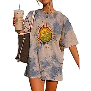 Remidoo Women's Casual Crewneck Short Sleeve Sun and Moon Print Tie Dye Oversized Graphic Top T-Shirt Blue Grey XX-Large