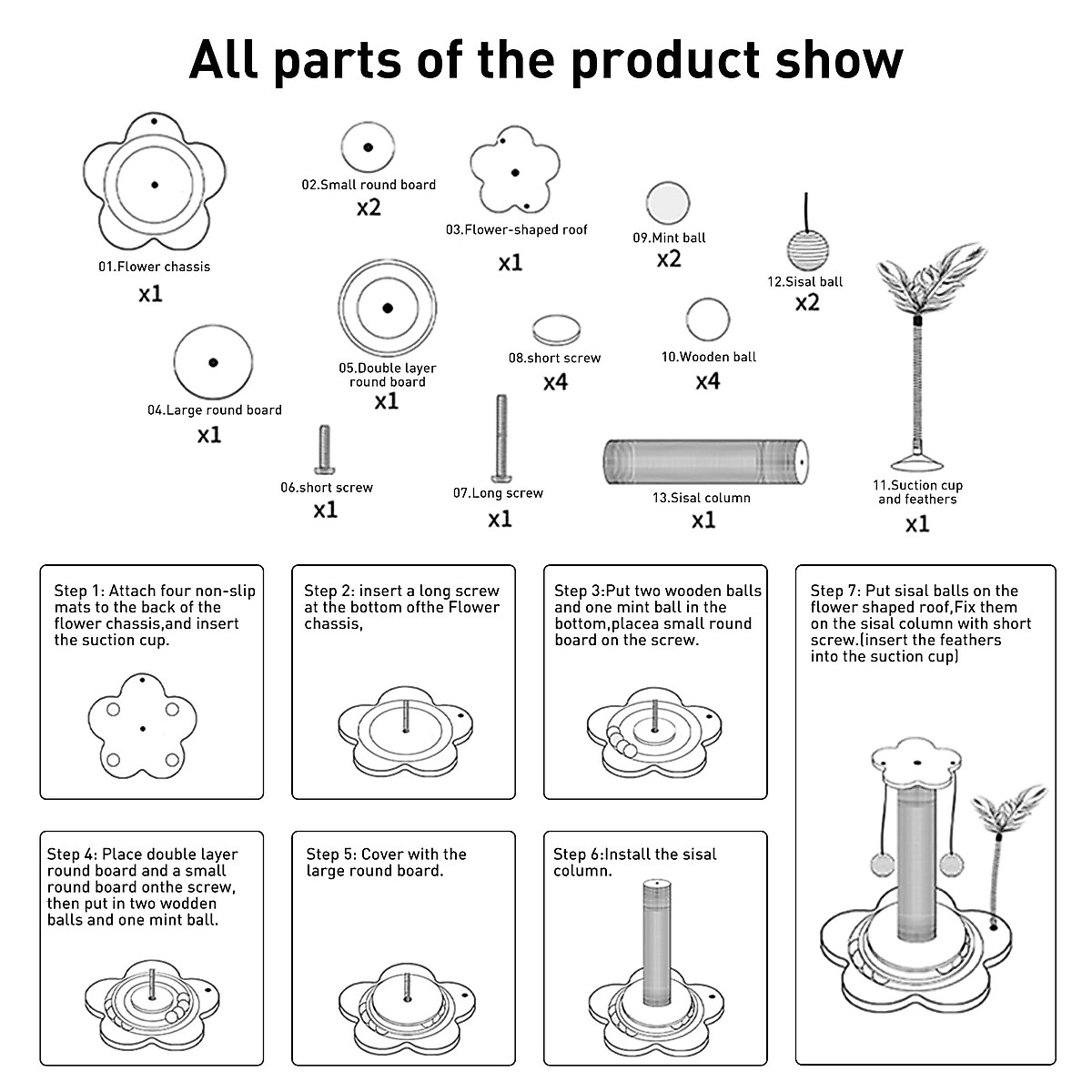 HivaolJoy Kitten Scratching Post - 4 in 1 Cat Scratching Post,19.69" Wooden Cat Scratch Post with 2 Level Cat Sisal Balls Interactive Cat Toy and 2 Sisal Hanging Balls for Indoor Kittens, Adult Cats